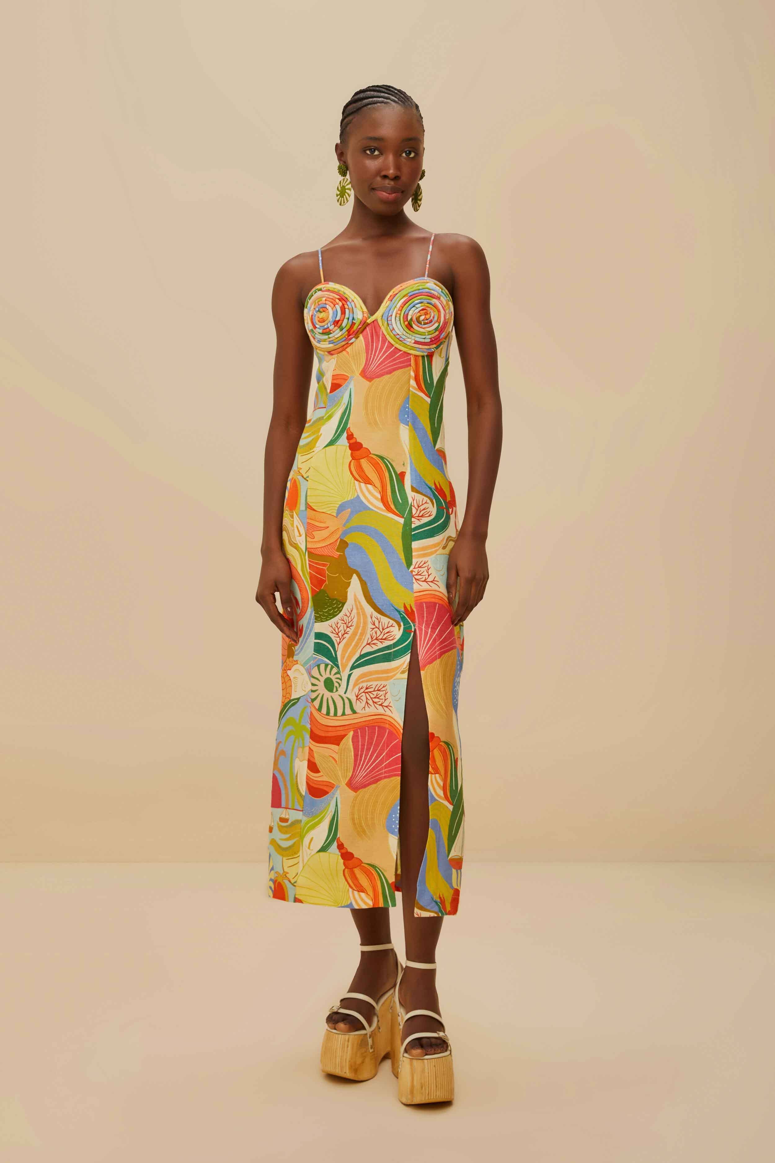 Multicolor Ocean View Twisted Cups Euroflax™ Premium Linen Midi Dress ...